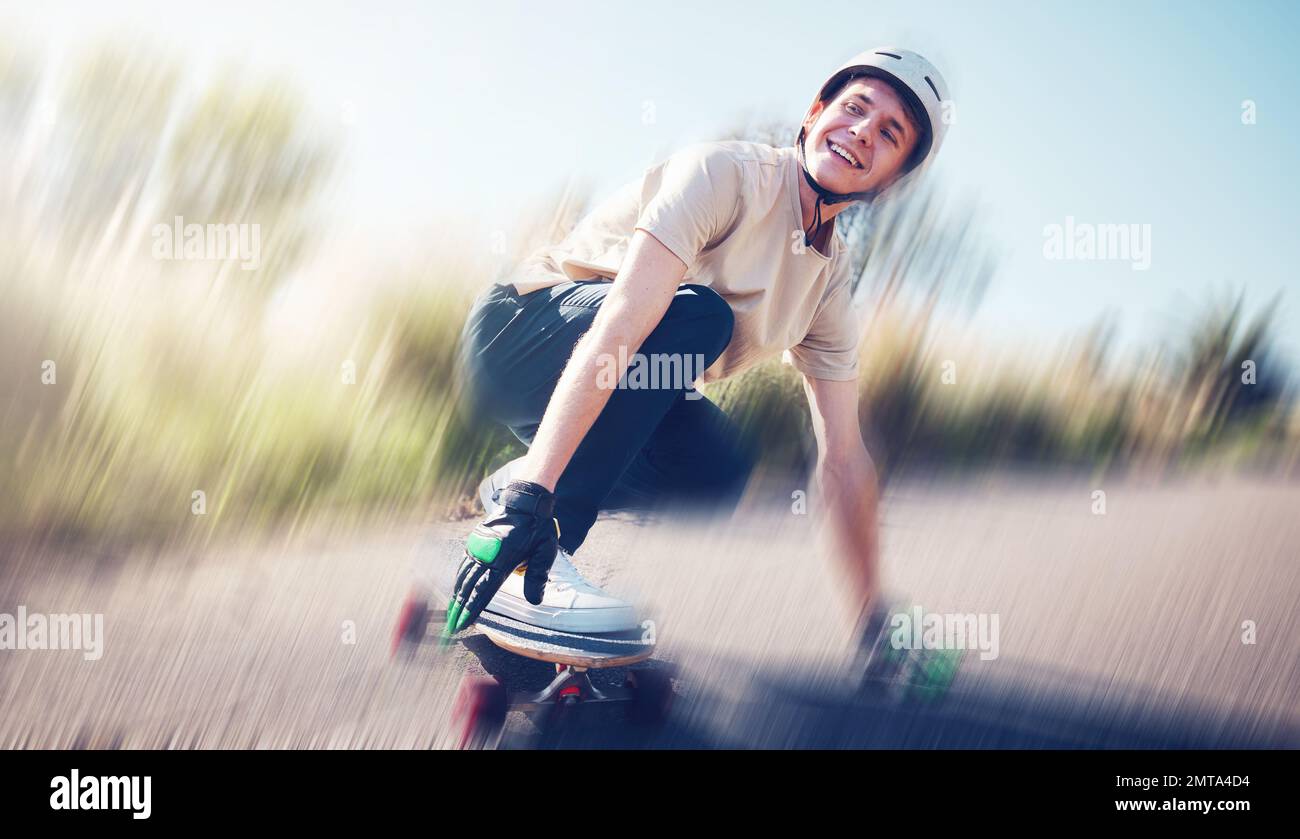 Skateboard, blurred motion and fast with a sports man skating on an ...