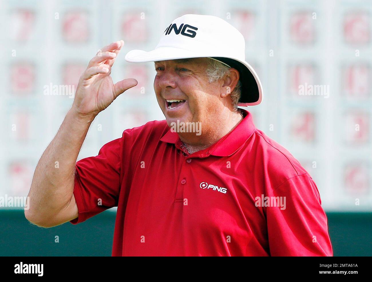 Kirk Triplett smiles after finishing on the 18th hole during the third ...