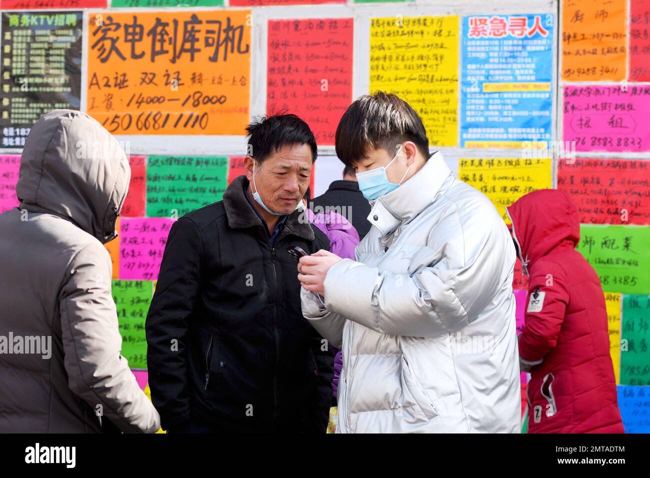 QINGDAO, CHINA - FEBRUARY 1, 2023 - Workers check job postings at a ...