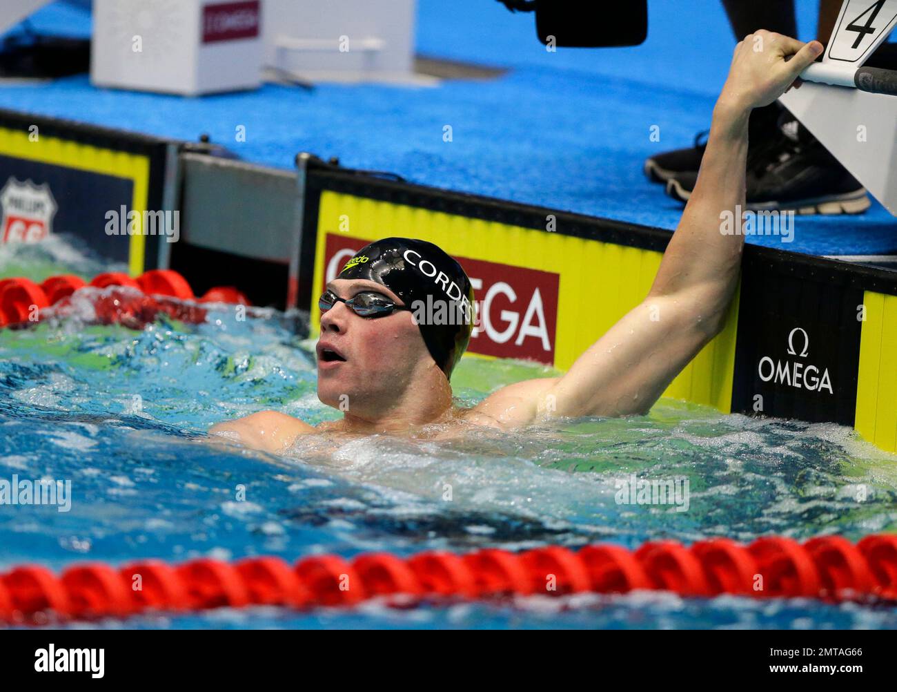 Kevin Cordes checks his time after winning the men's 50-meter ...