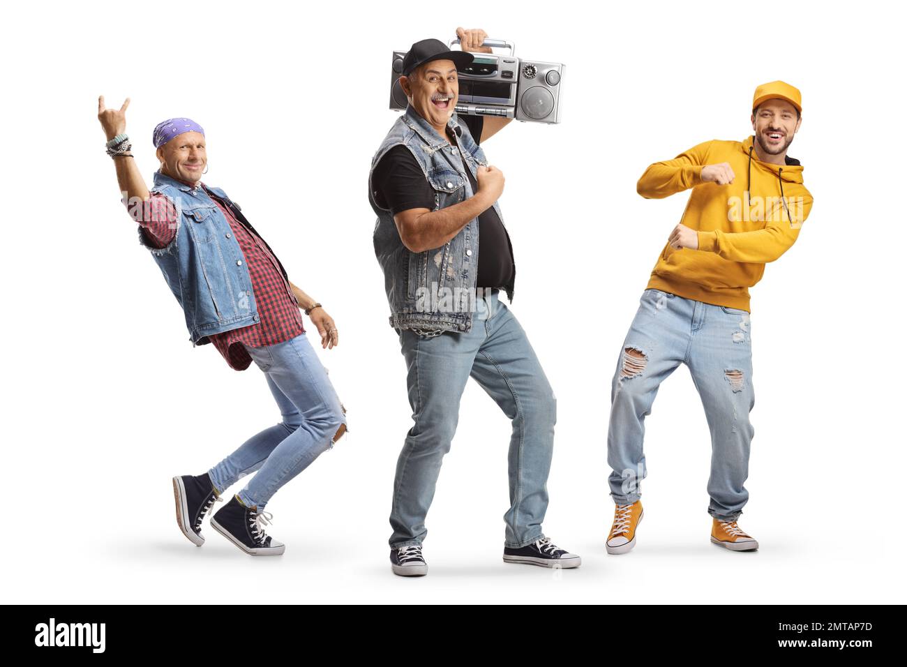 Cheerful men with a boombox dancing and smiling isolated on white ...