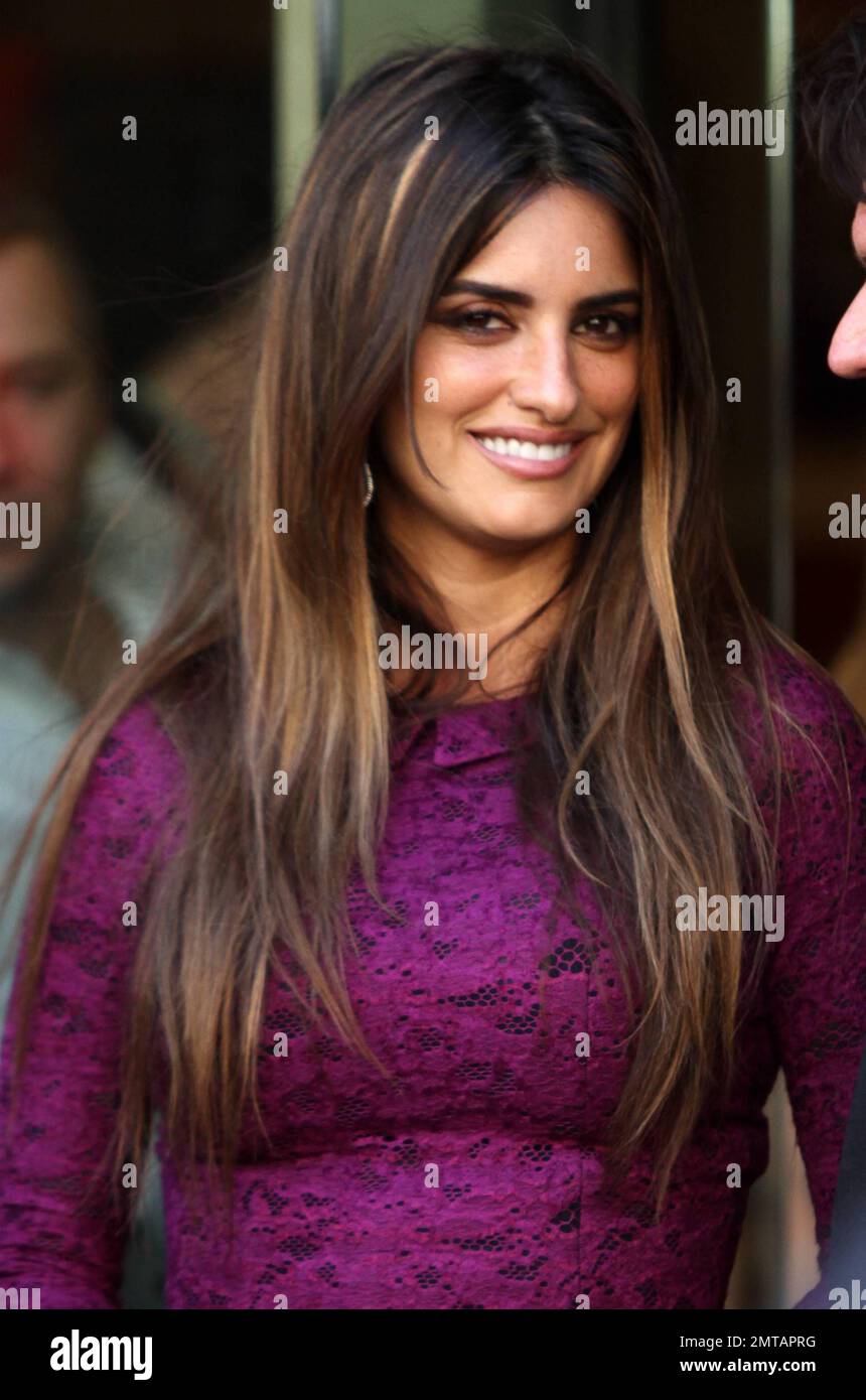 Actress Penelope Cruz wears a form-fitting purple dress showing off her ...