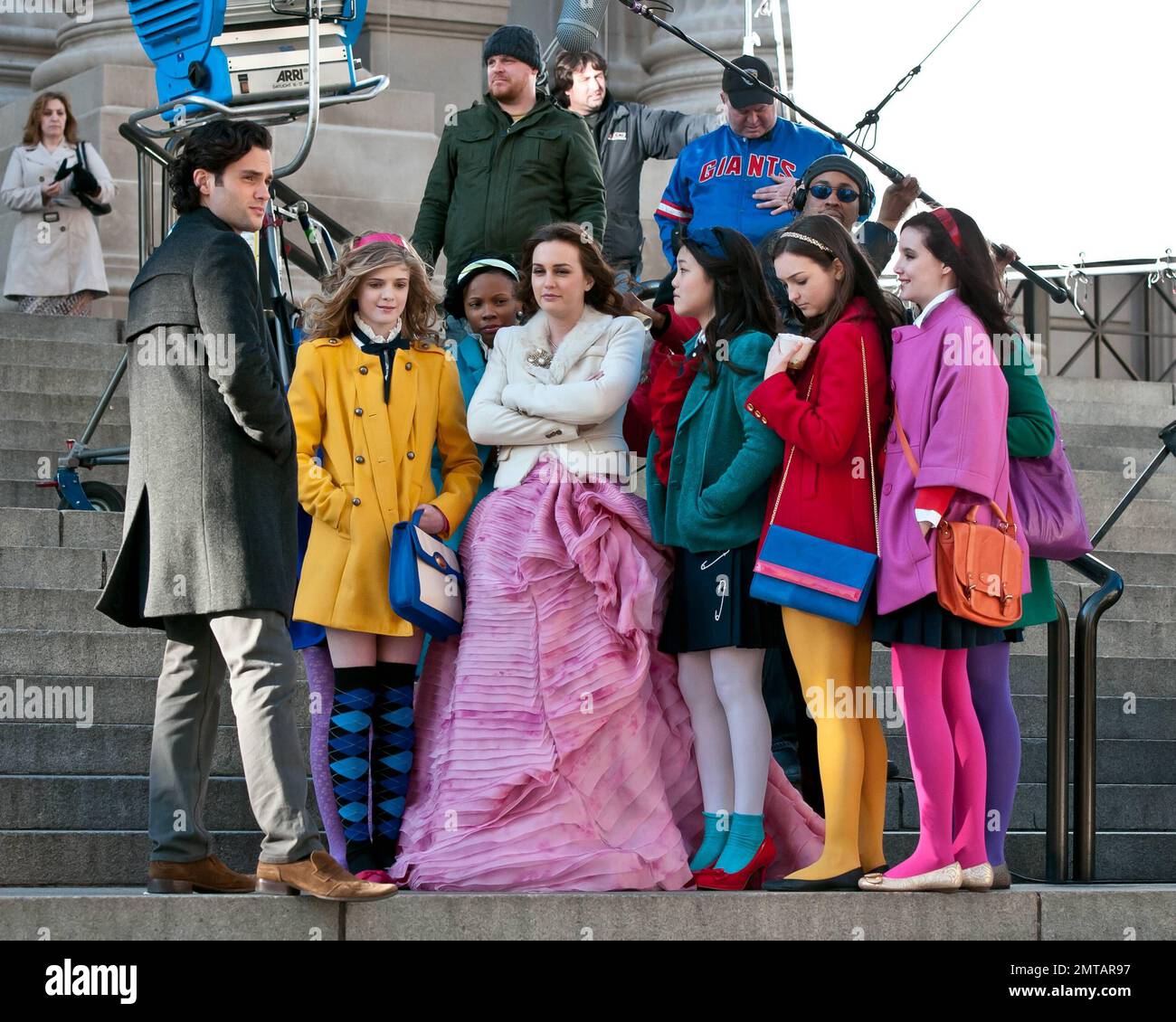 Penn Badgley and Leighton Meester are seen on set filming a scene for ...