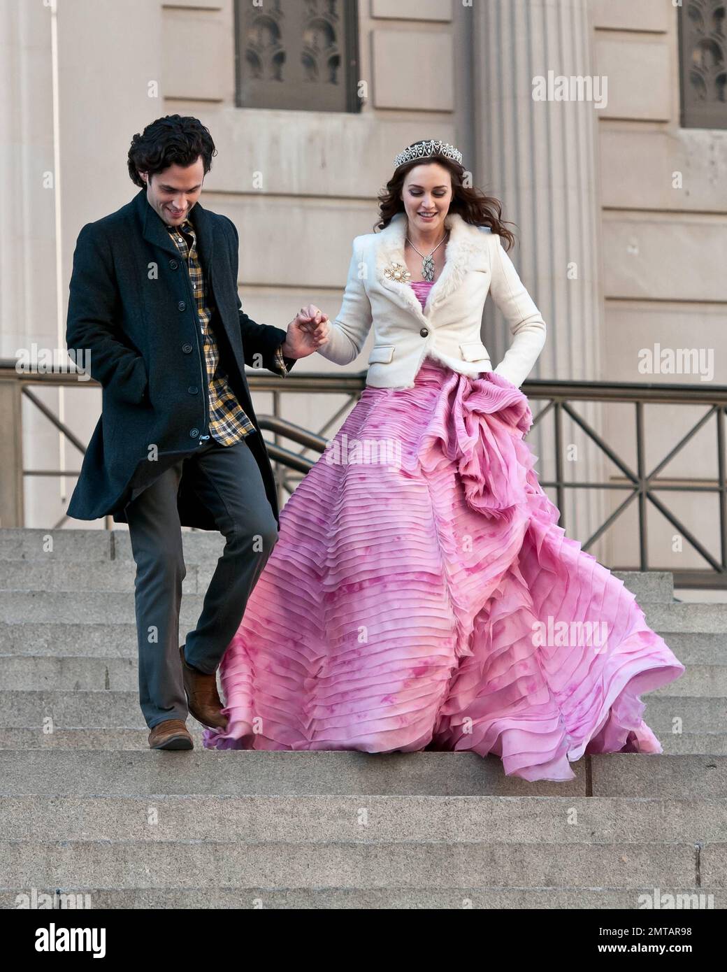Penn Badgley and Leighton Meester are seen on set filming a scene for ...
