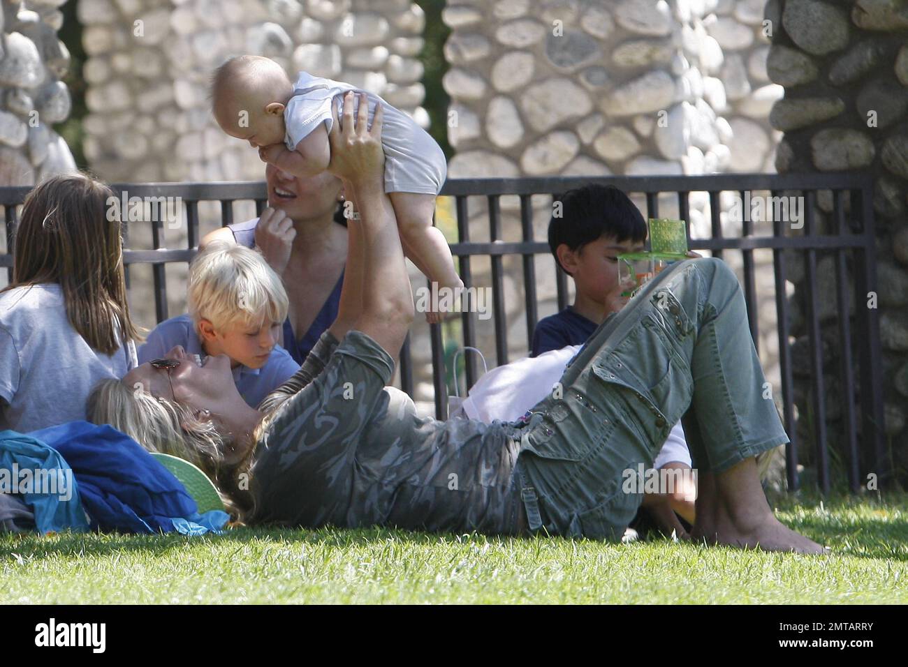 Penny Lancaster plays with new-born son Aiden in a Los Angeles park, LA ...