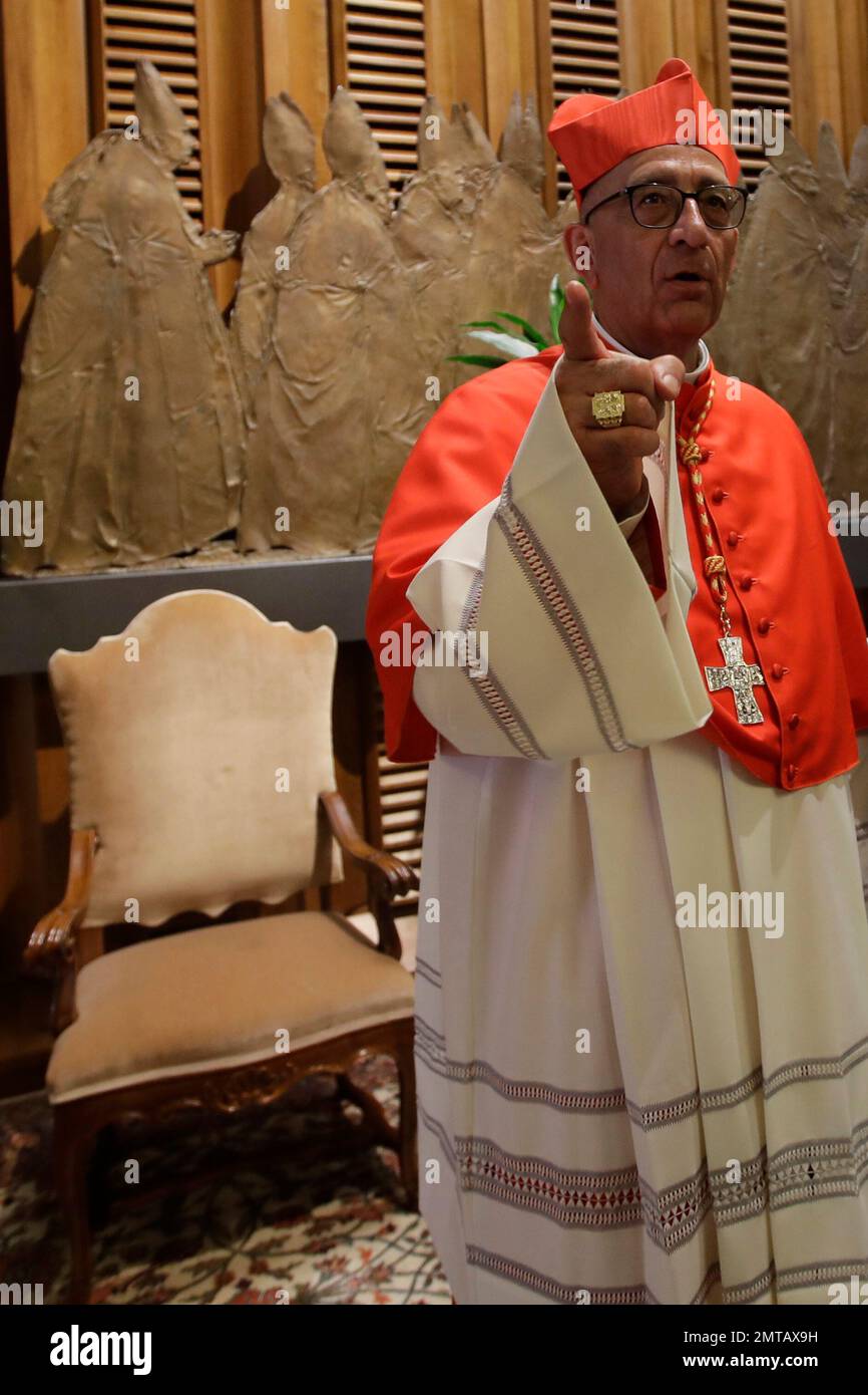 New Cardinal Juan Jose Omella, Archbishop of Barcelona, gestures as he ...
