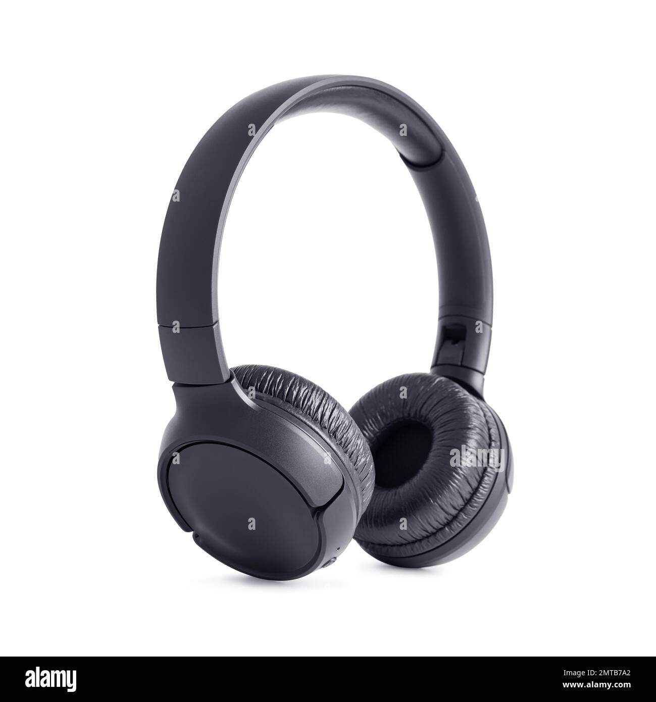 Close-up of black modern wireless headphones. Accessory for listening ...