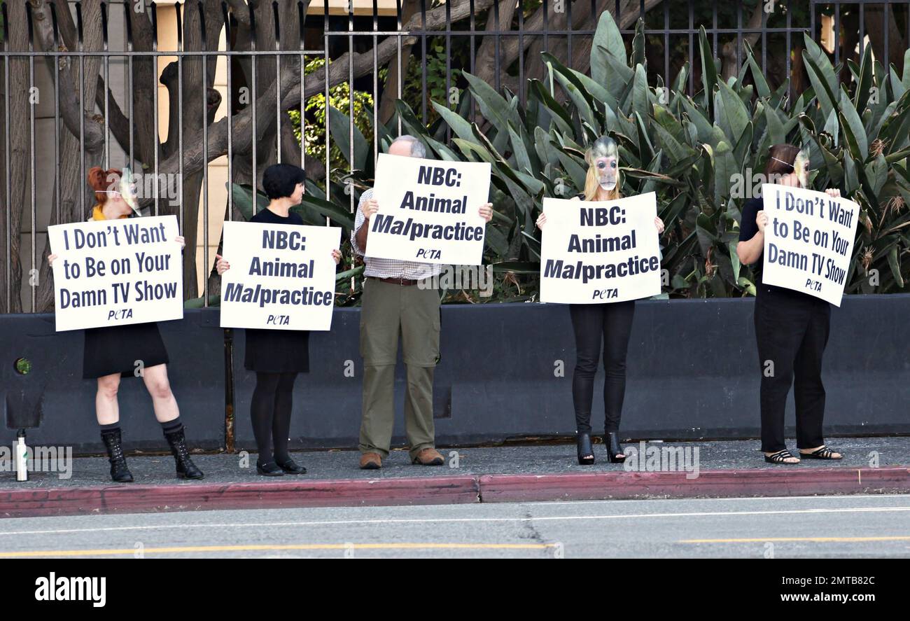 PETA protesters hold signs that read "NBC: Animal Mal-Practice" and "I ...