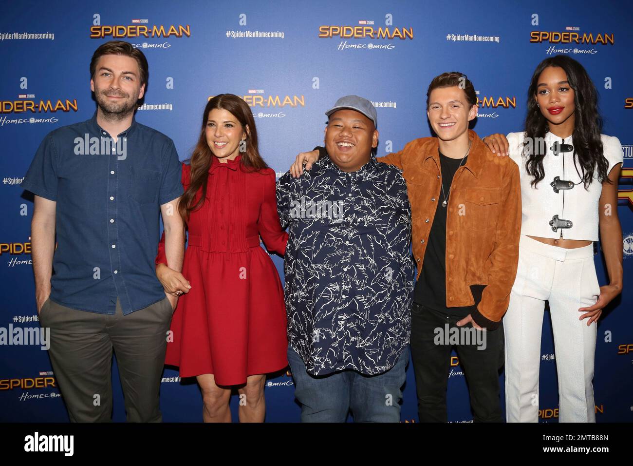 Director Jon Watts, from left, Marisa Tomei, Jacob Batalon, Tom Holland ...