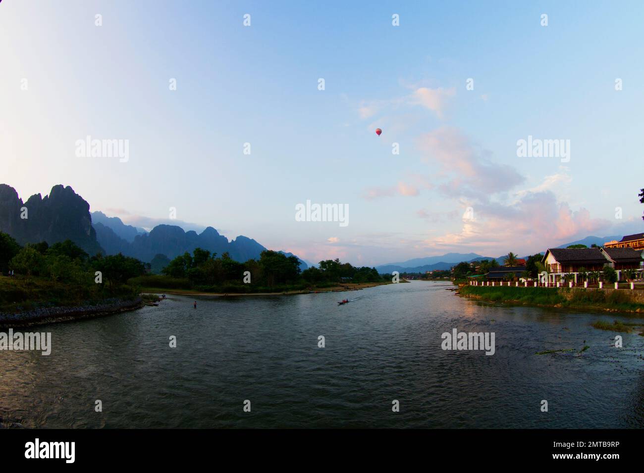 Standing on Nam Song Bridge looking out to a view of the Nam Song River ...