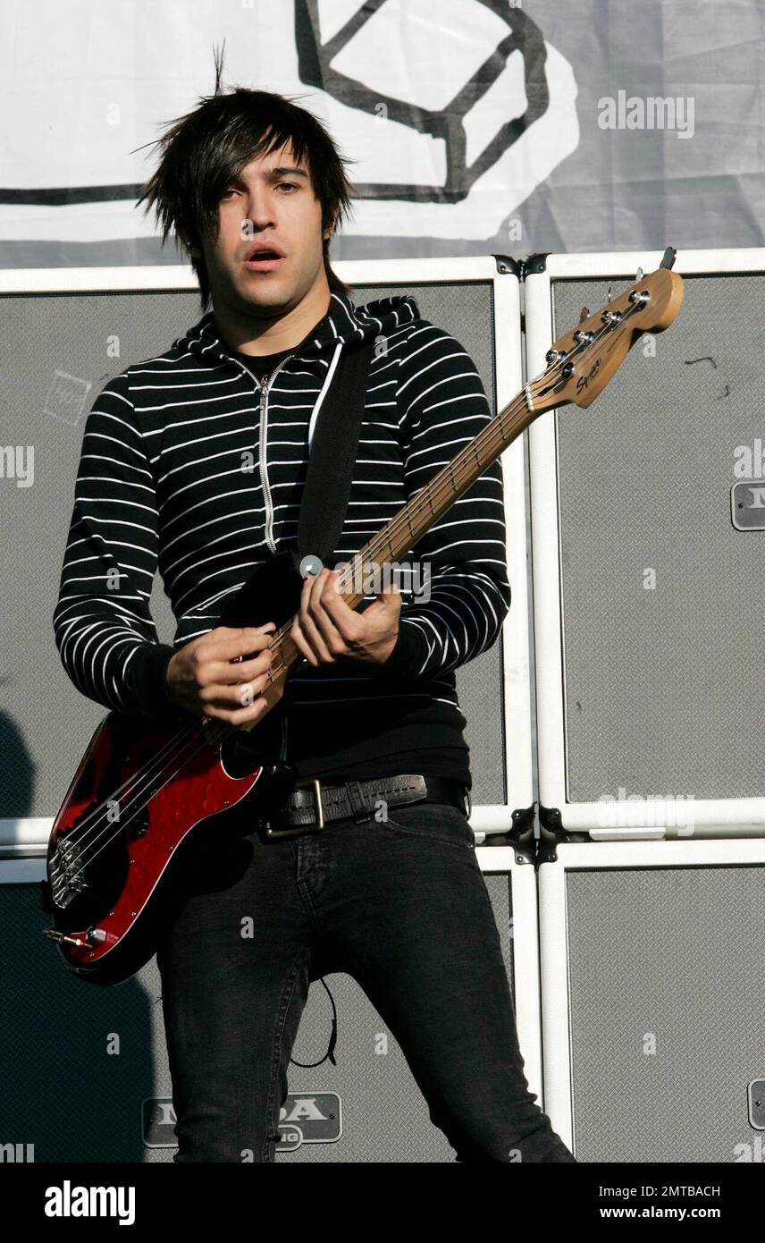 Pete Wentz, bass player with the US rock band Fall Out Boy, playing at the Carling Reading ...