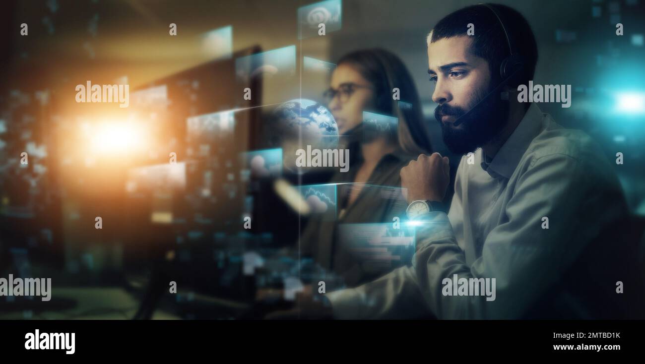 Overlay, future and man in call center, holographic and agent with ...