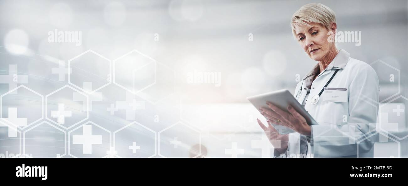 Health, doctor with tablet and digital transformation with technology ...