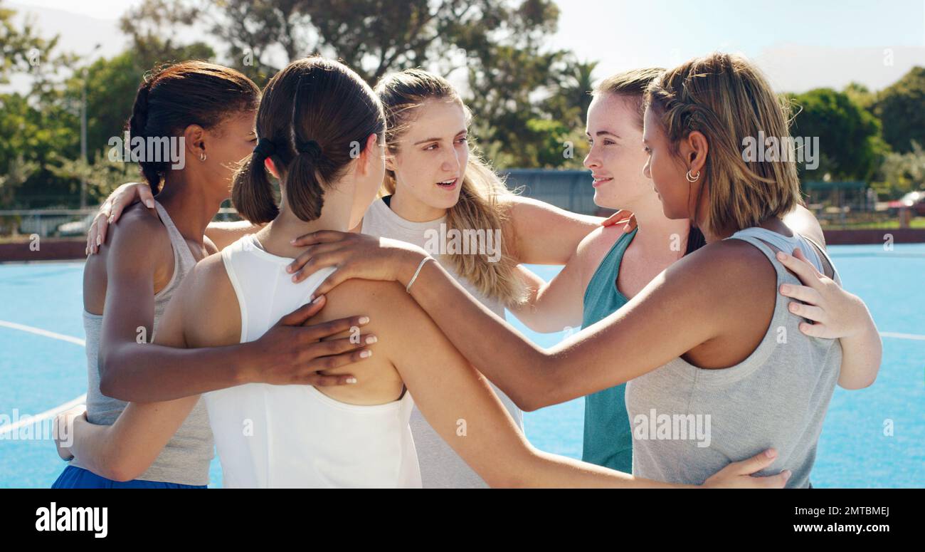 Teamwork, support and sports with women on court for training, help and ...