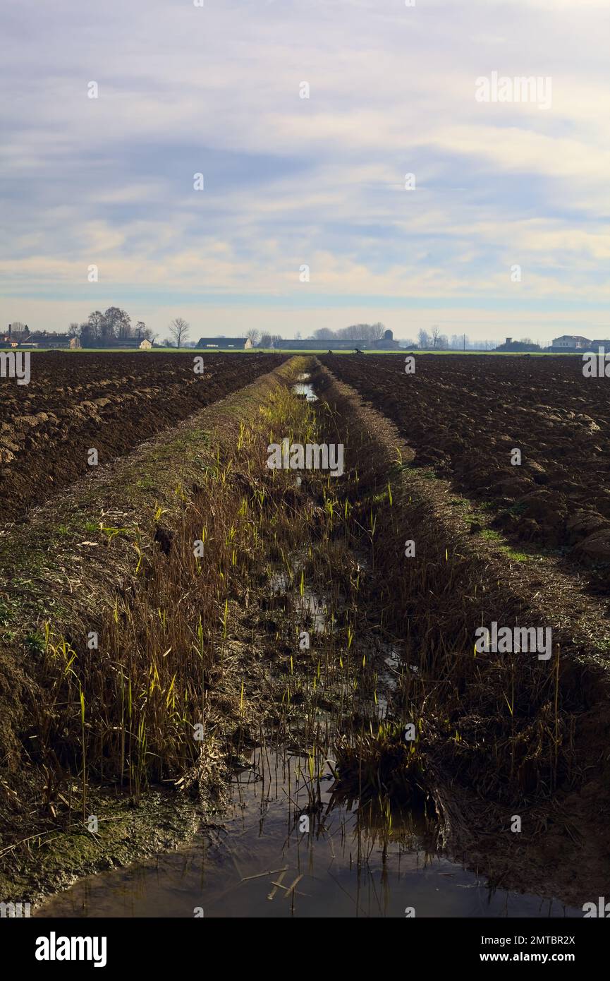 Irrigation channel in a ploughed field in the italian countryside Stock ...