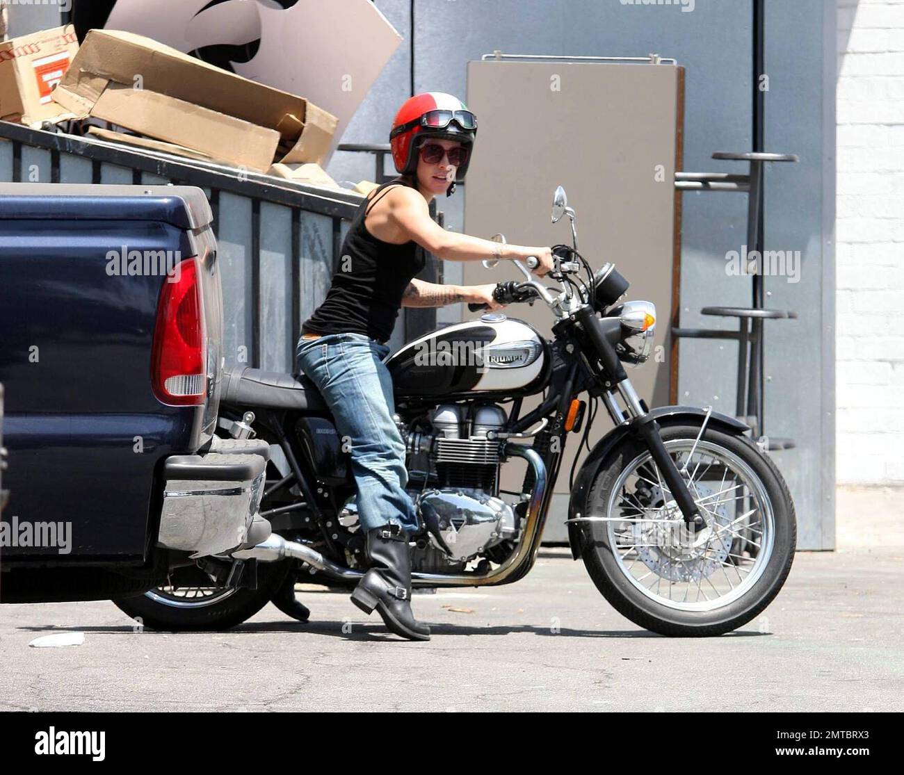 Pink was seen arriving on her Triumph motorcycle this afternoon at a ...