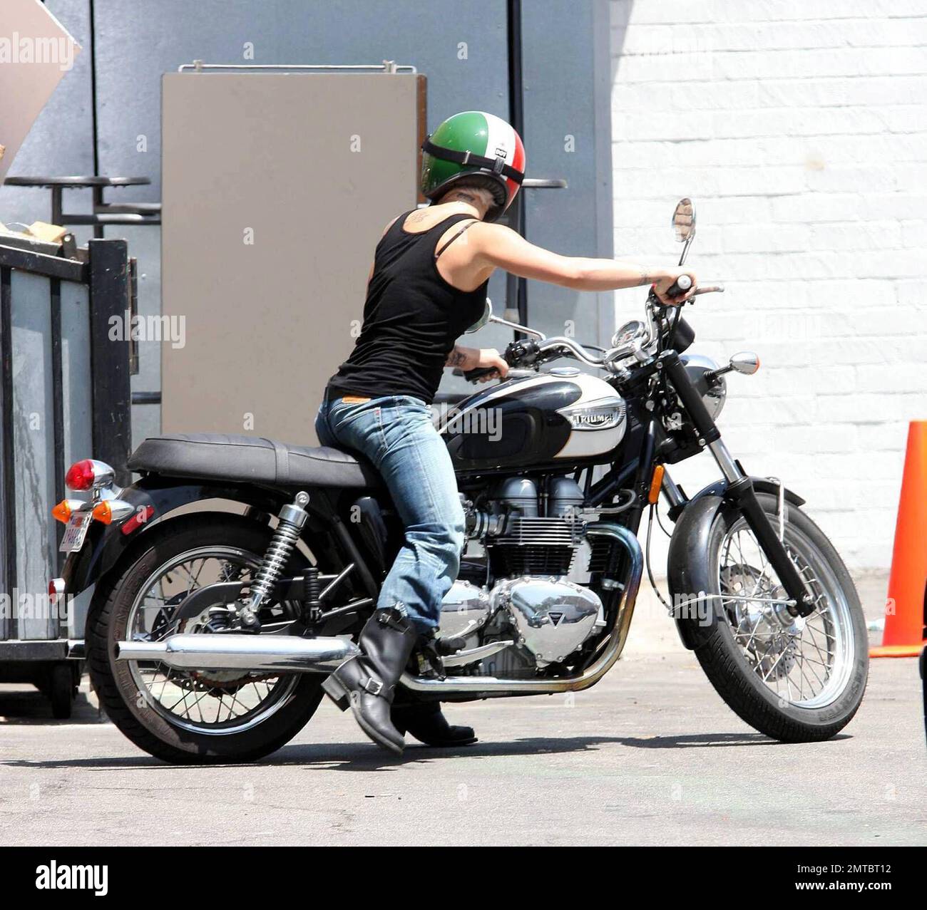Pink was seen arriving on her Triumph motorcycle this afternoon at a ...