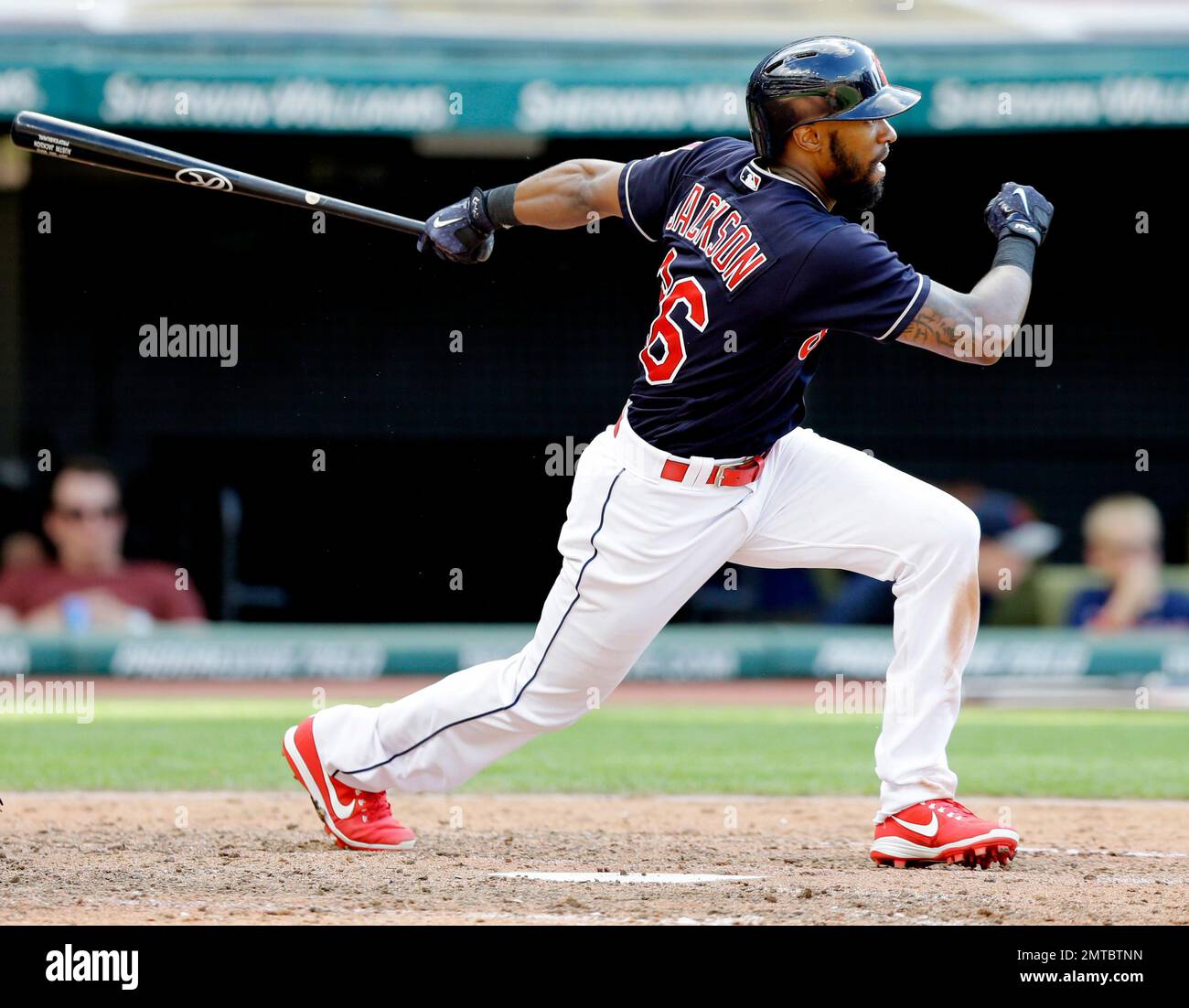 Cleveland Indians' Austin Jackson hits a single in the seventh inning ...
