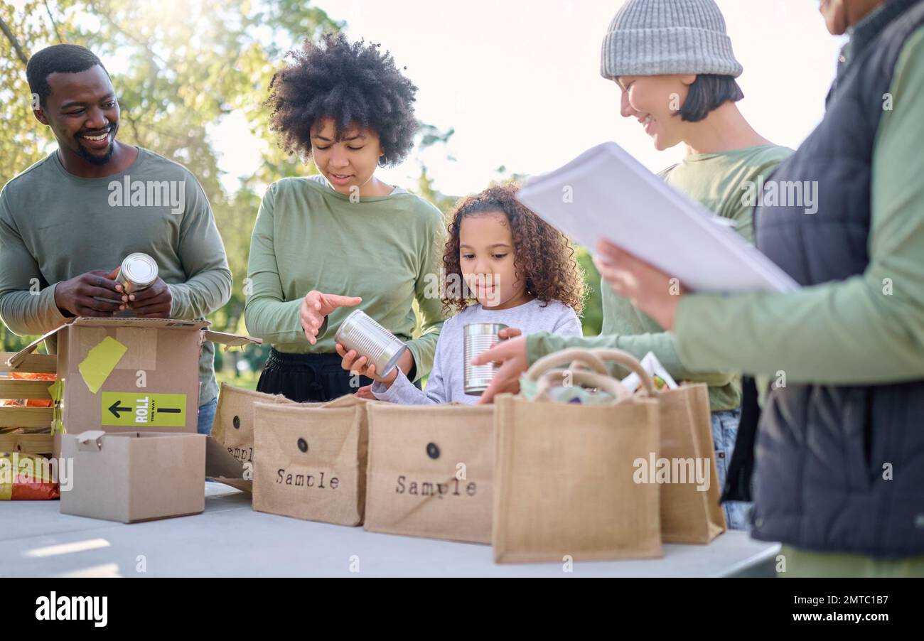 Volunteering, charity food and team with child for sustainability ...