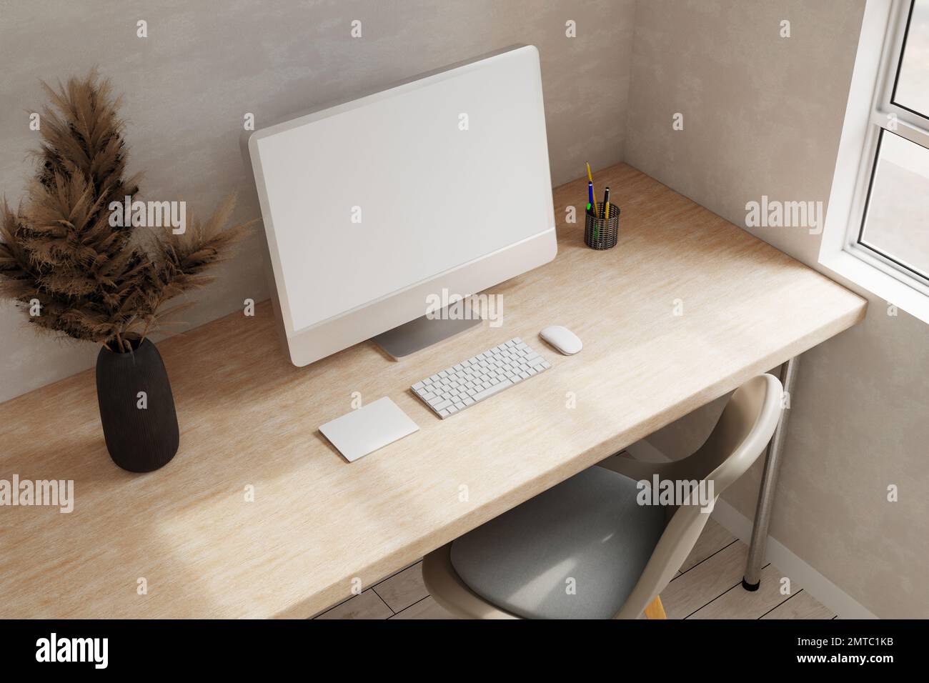 Minimal Scandinavian home working space interior design with blank PC ...