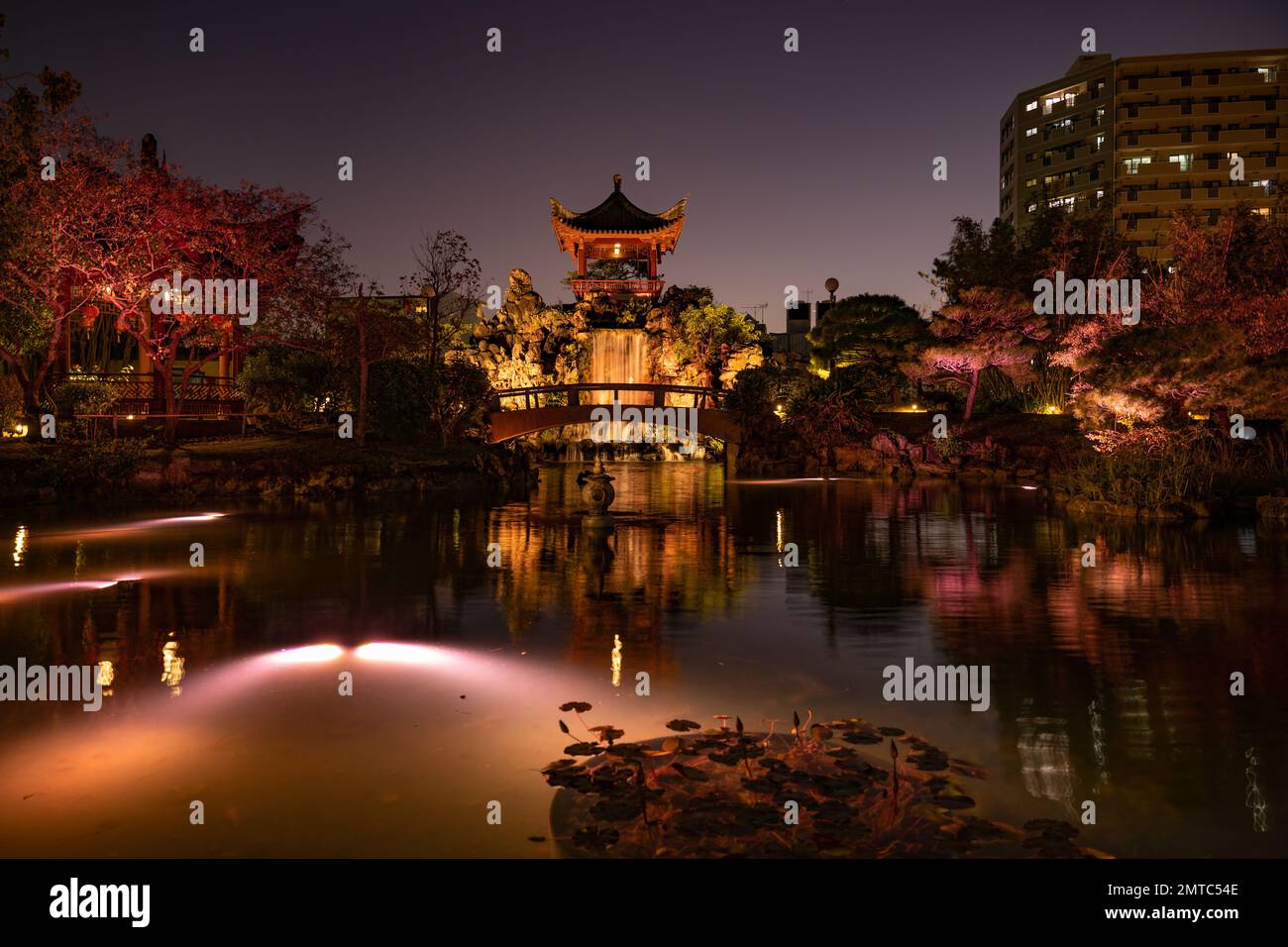 A night view of the Fukushuen Chinese Garden in Naha Okinawa, Japan ...