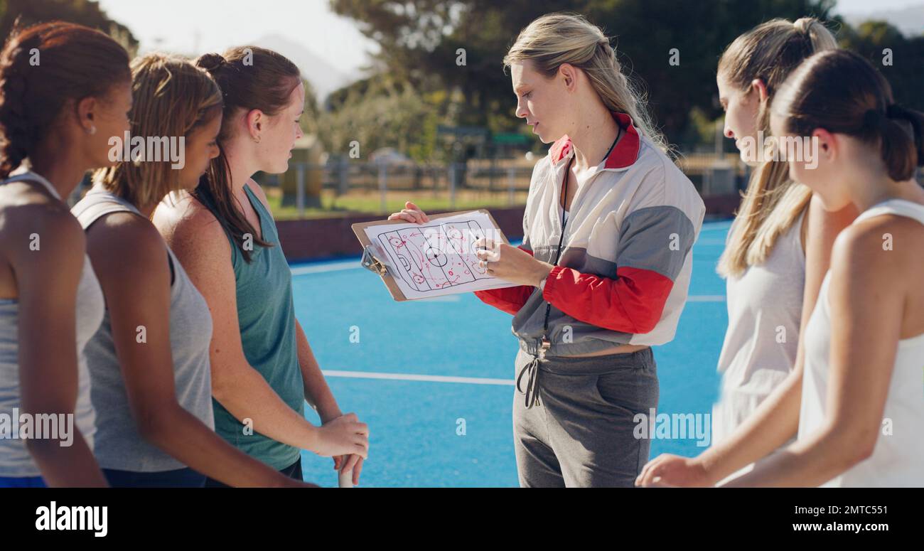 Sports, women and team with coach, game plan and conversation for ...
