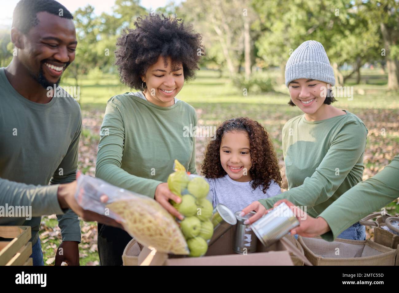 Volunteering, donation food and people with child for sustainability ...
