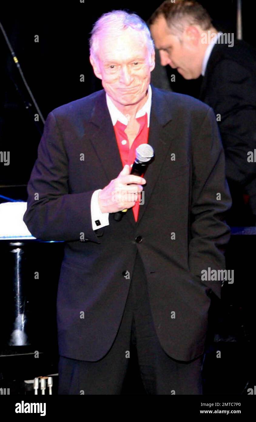 Founder of Playboy, Hugh Hefner, on stage at Rain Nightclub inside the ...