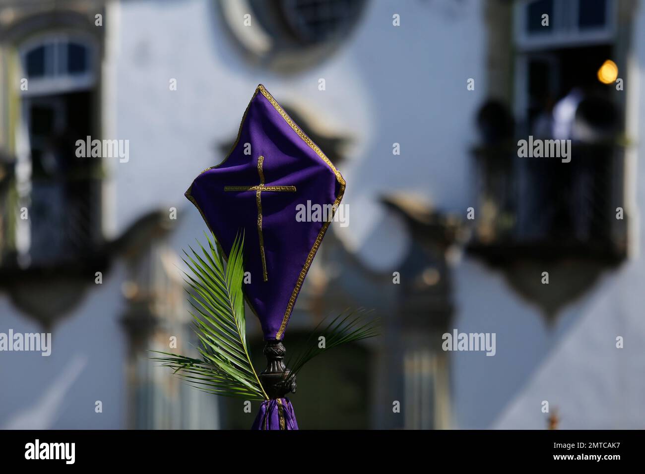 Holy Week. Cross covered with purple fabric during procession ...