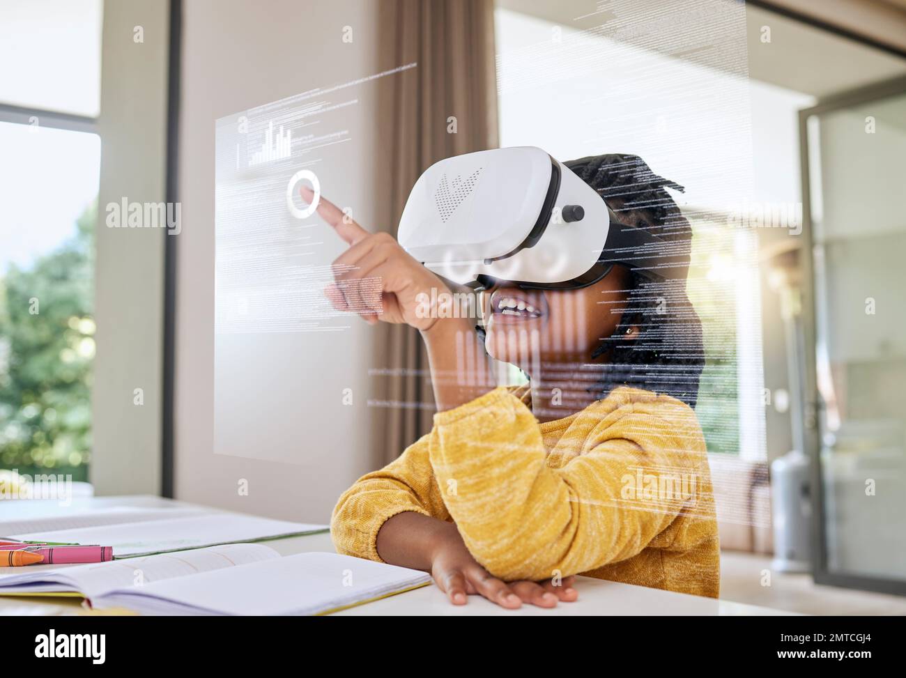 African girl child, virtual reality and education with 3d overlay, hand ...