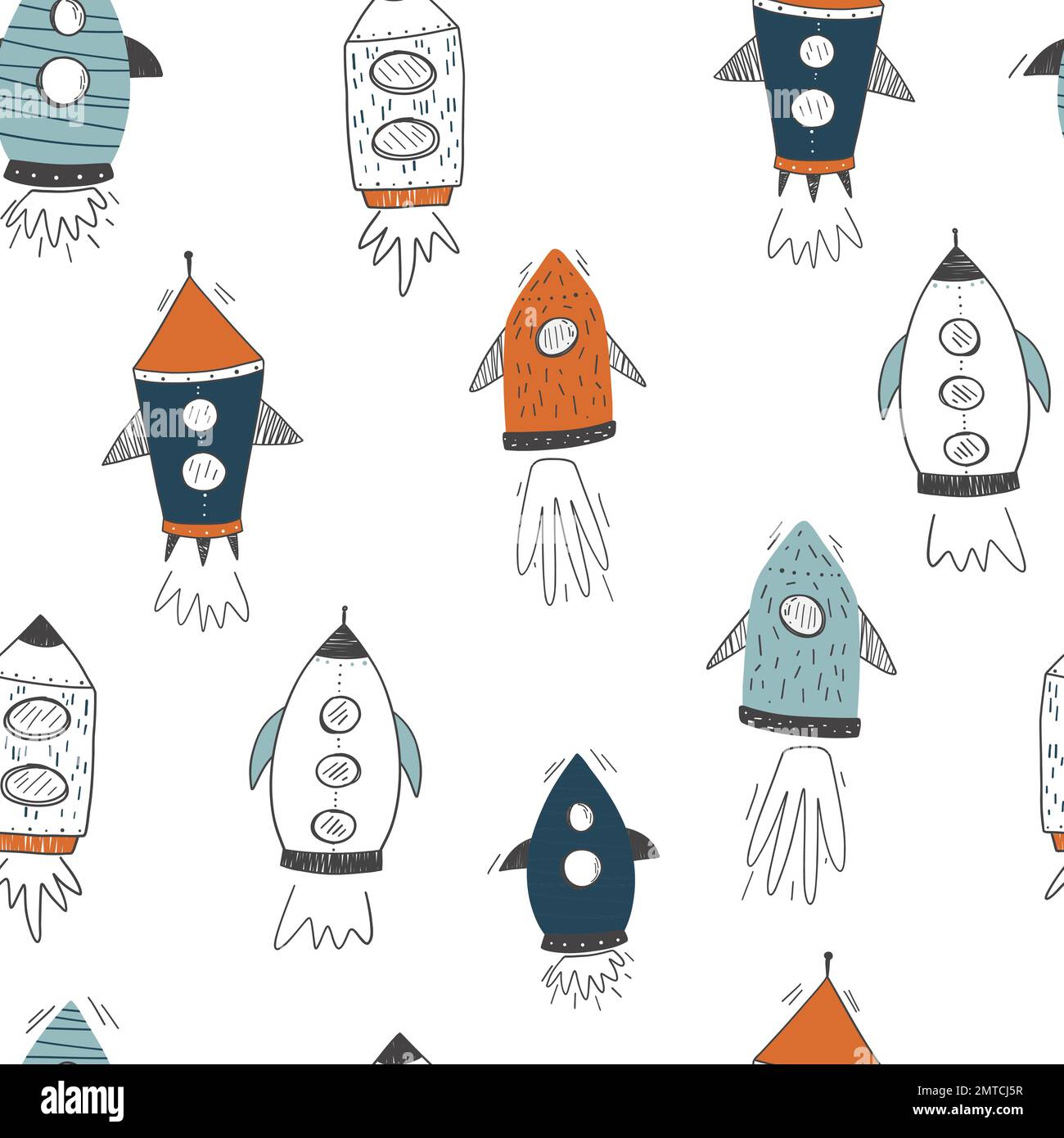 Seamless childish cosmic pattern with cute rockets. Repeating texture doodle style universe ...