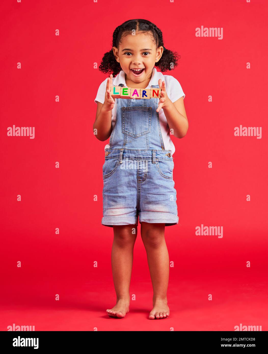 Learn blocks, education and portrait of child on red background for ...