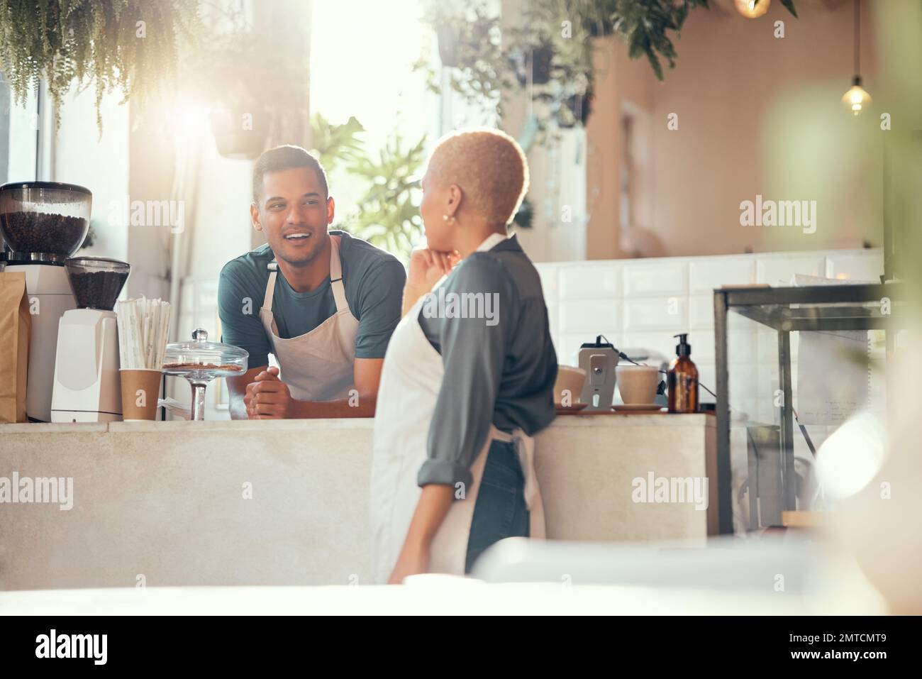 Coffee shop, barista and team with small business and entrepreneur ...