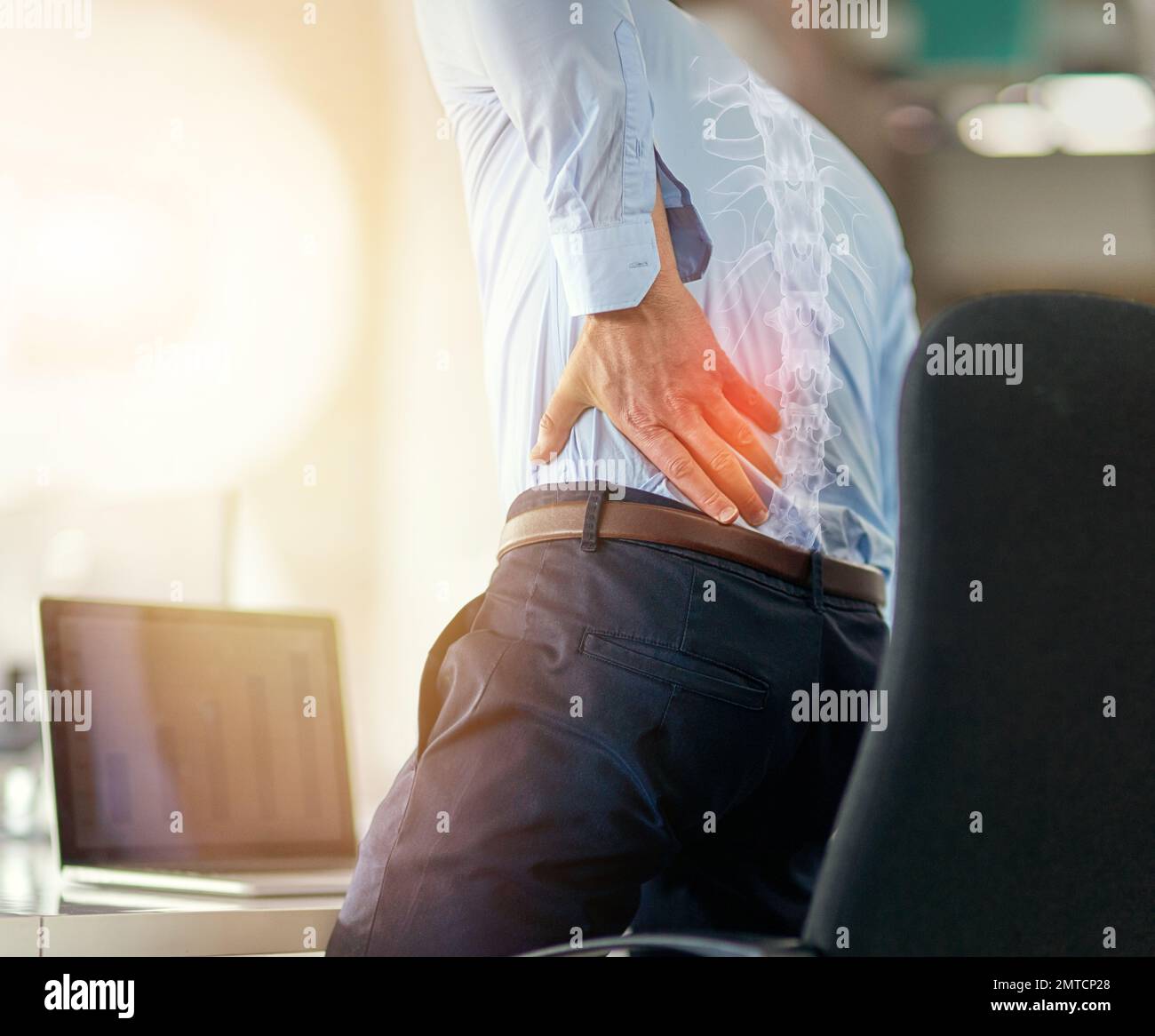 Businessman, back pain and x ray of spine from sitting and working by ...