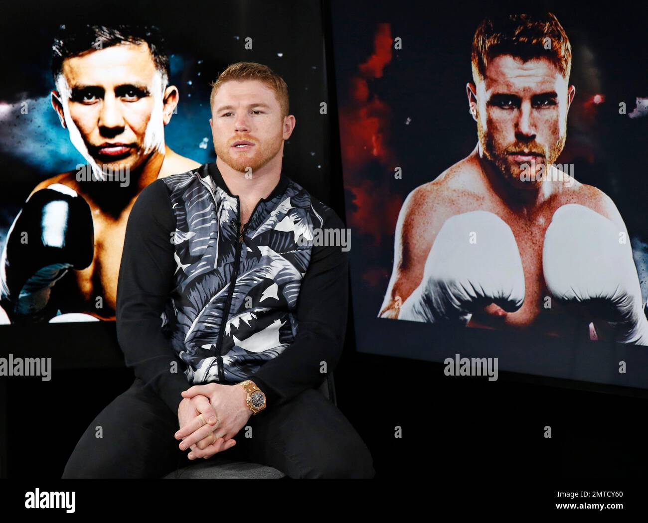 Six-time boxing title holder Saul "Canelo" Alvarez, of Mexico, sits ...