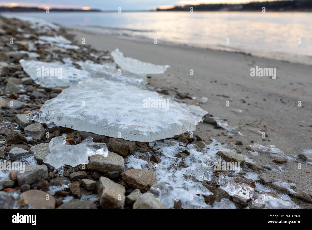 Small glaciers of the first ice lie on the sandy shore near the water ...