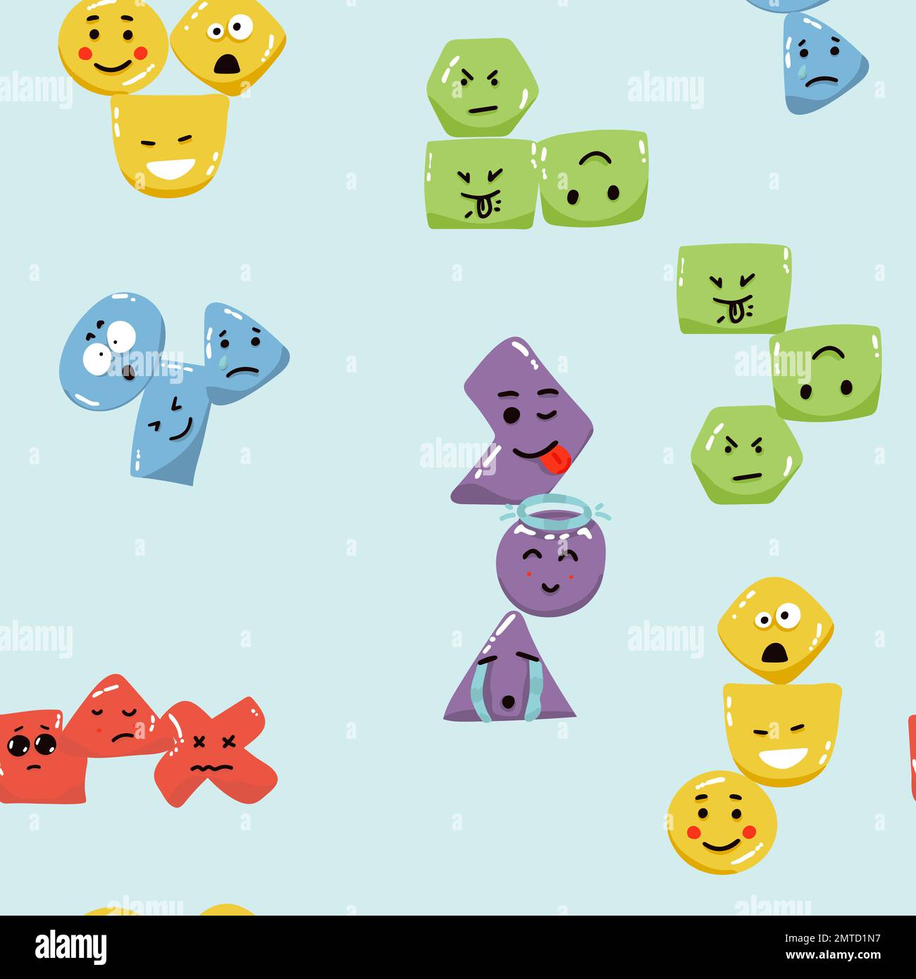 Cute seamless pattern with emoji and abstract geometric shapes in ...