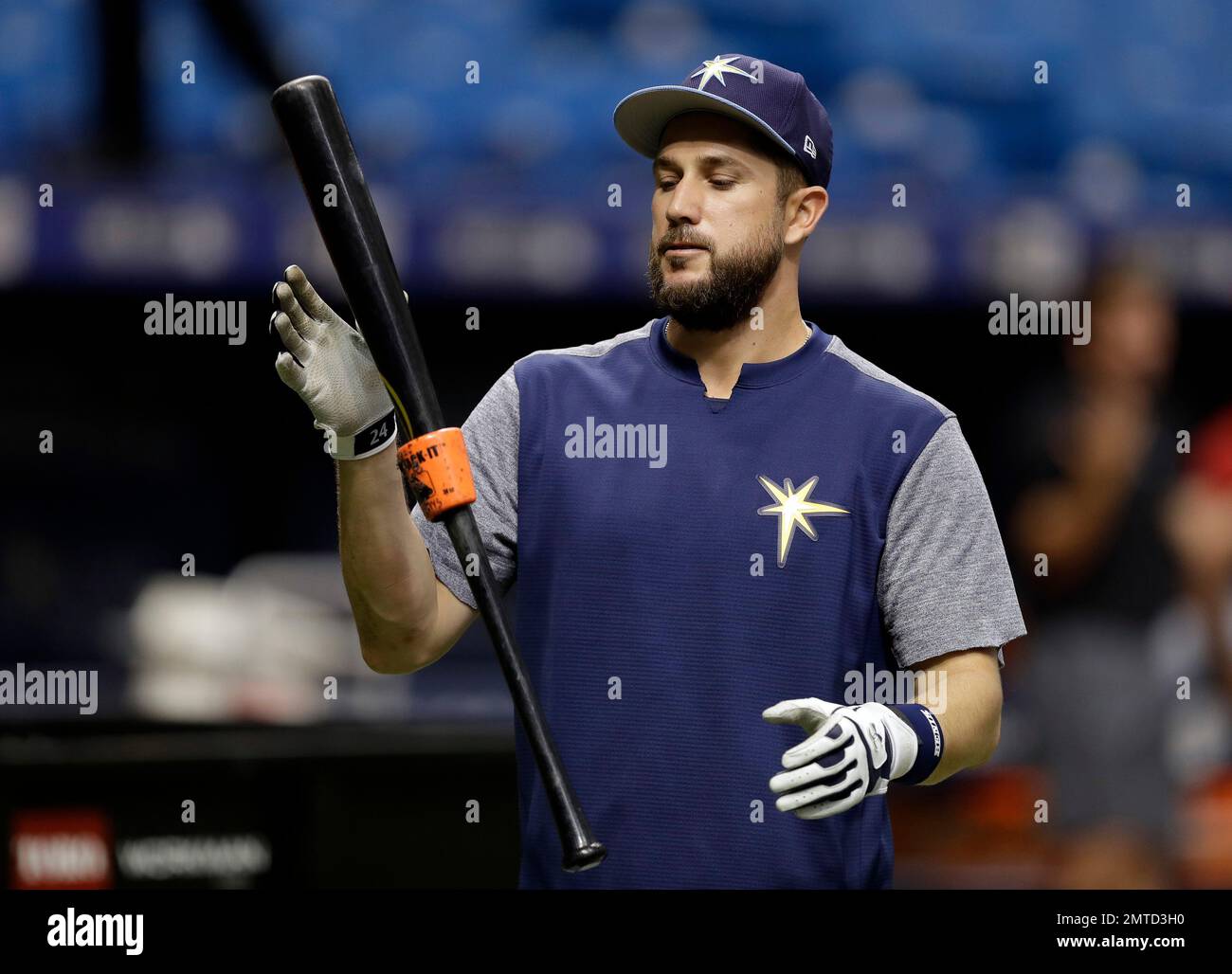 New Tampa Bay Rays third baseman Trevor Plouffe flips his bat before ...