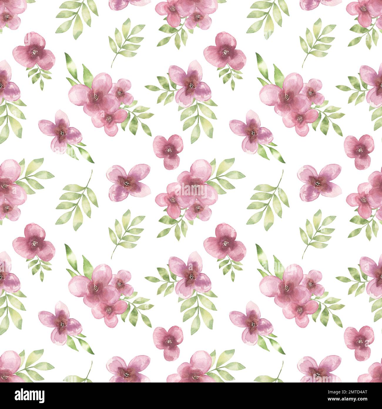 Watercolor pink flowers and greenery leaves branch seamless pattern ...