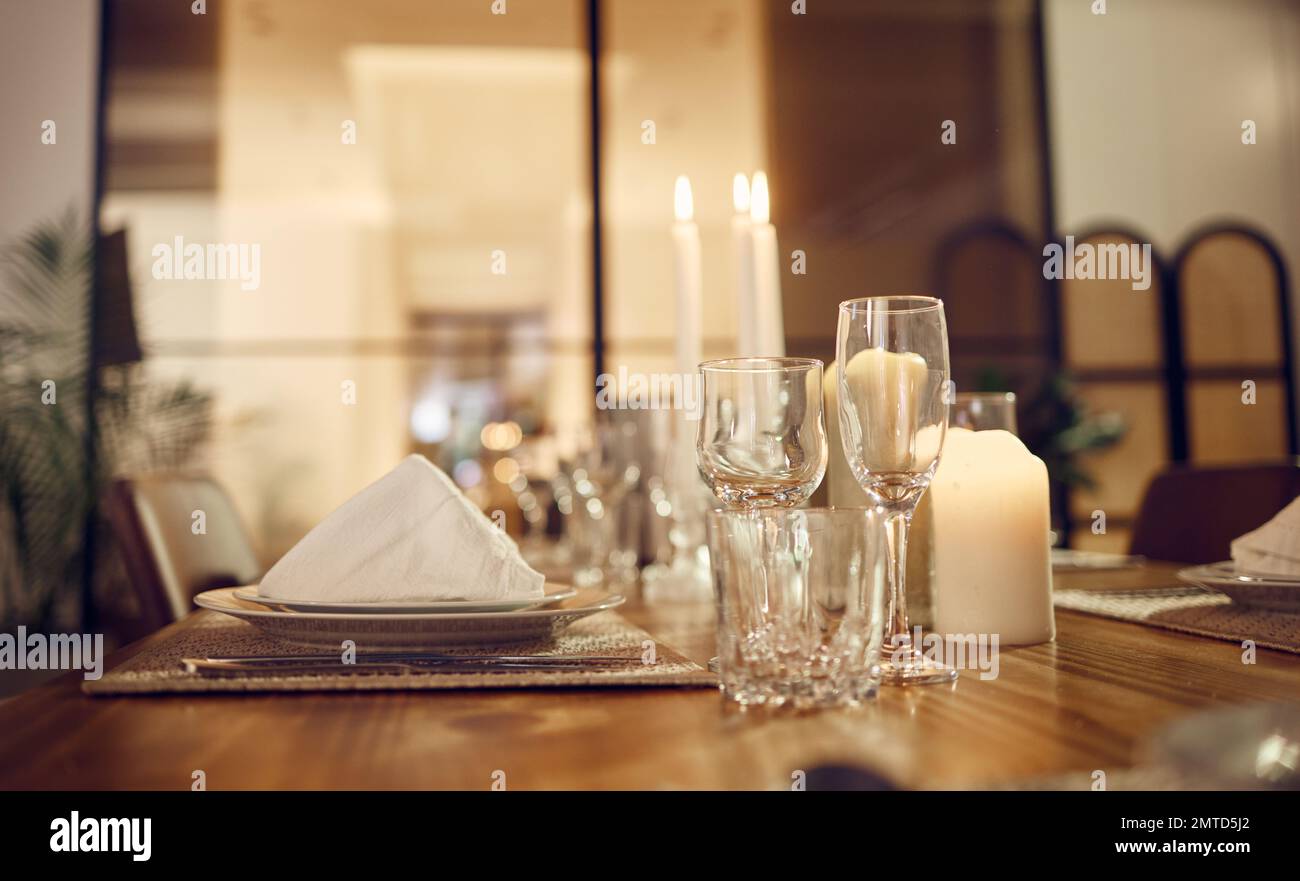 Table with drink glass, dinner and party celebration event with ...