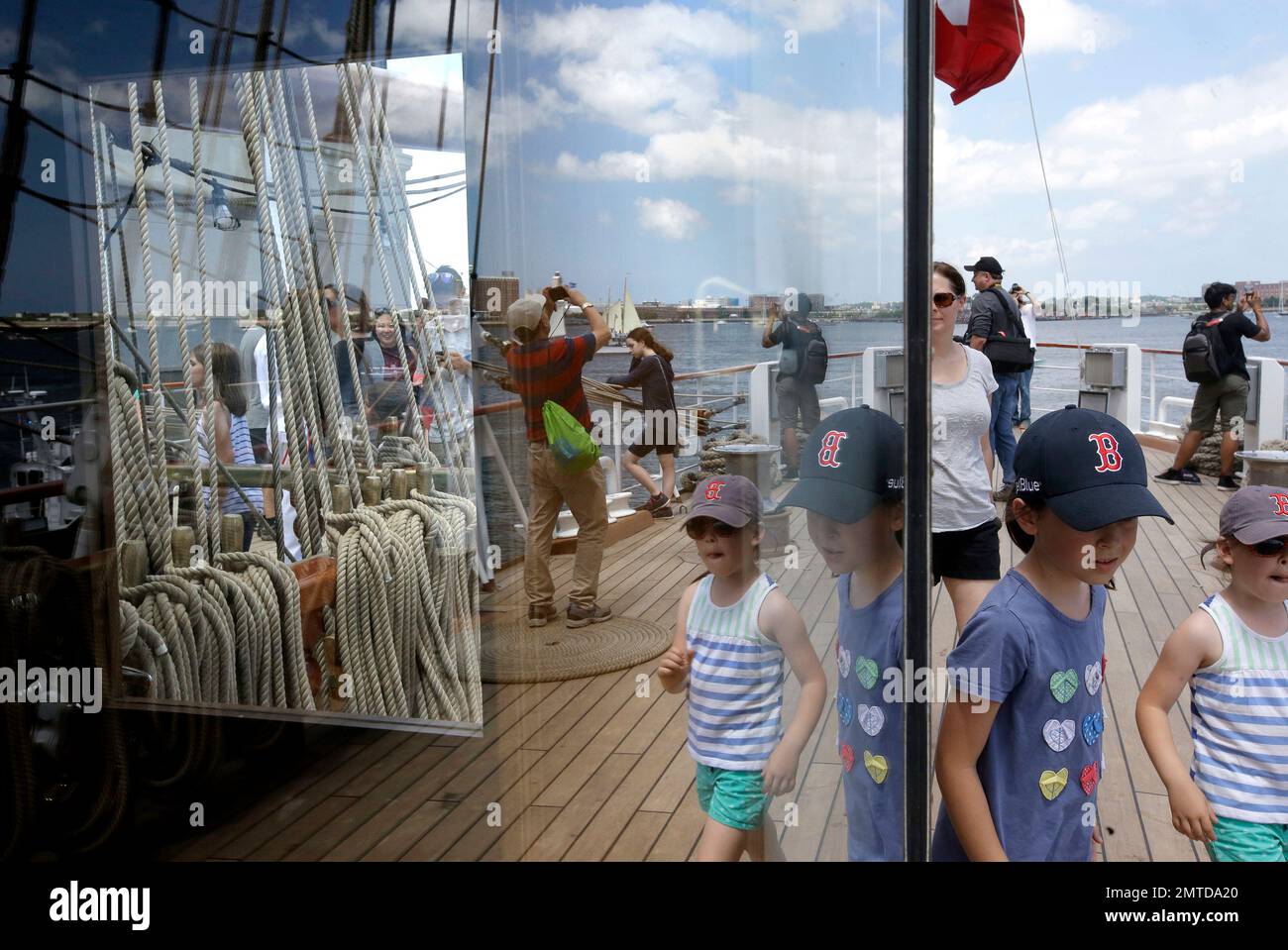 Visitors walk along a deck on the Peruvian Navy tall ship Union as part ...