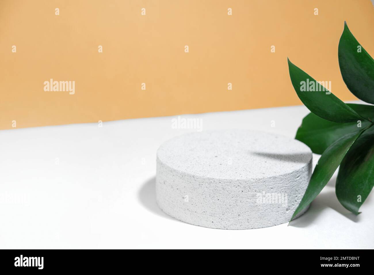 Cylindrical stone concrete eco podium on white beige background with ...