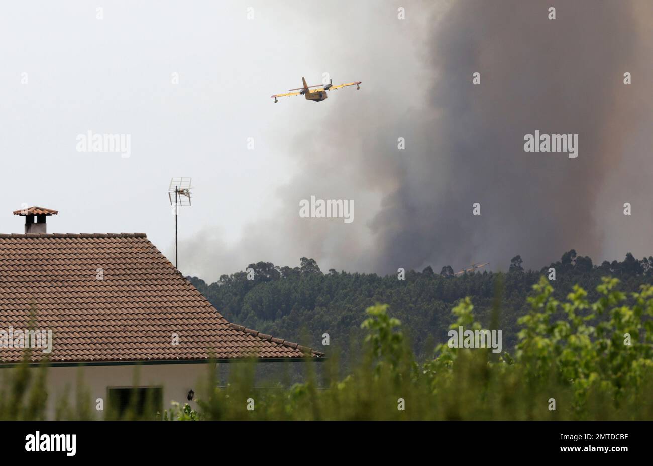 Firefighting airplanes work to extinguish a fire burning in the ...