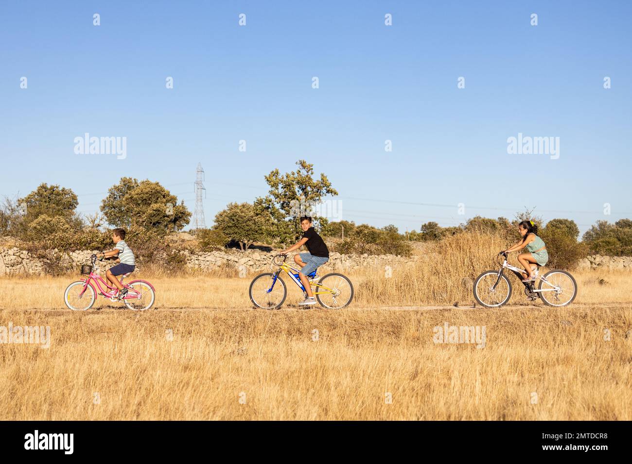 Three kids riding with theri bikes on a countryside Stock Photo - Alamy