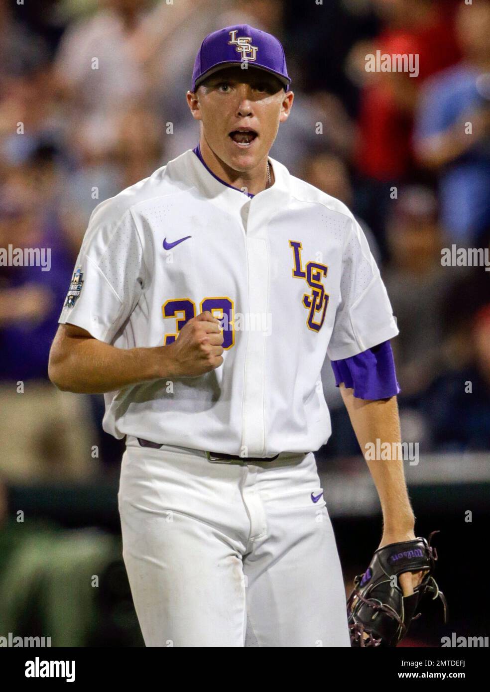 LSU closing pitcher Zack Hess (38) reacts after the final out against ...