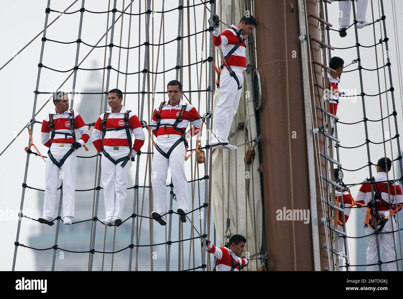 Sailors man the rigging on the Peruvian Navy tall ship Union during ...