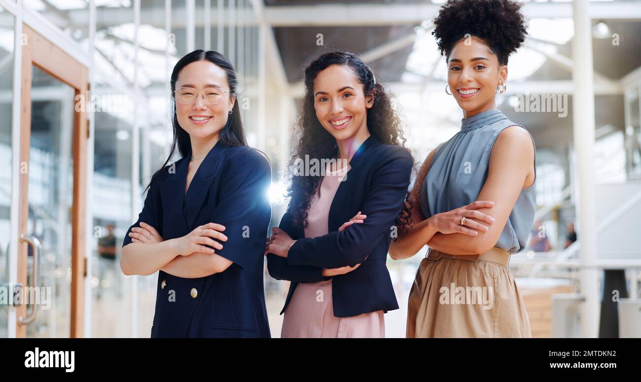 Corporate women, empowerment and portrait of team at creative marketing ...