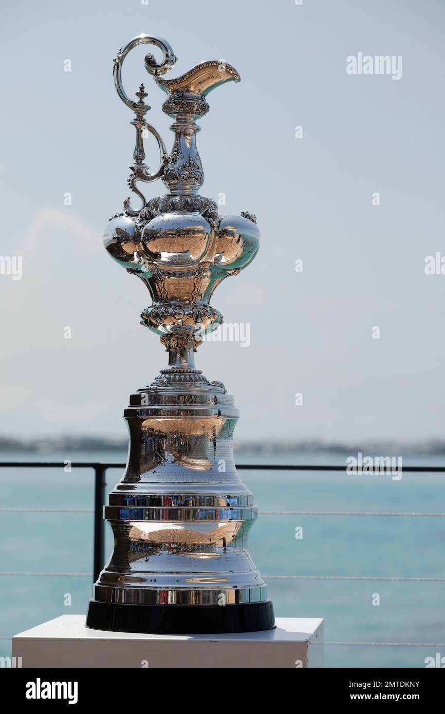 The America's Cup trophy, known as the "Auld Mug," is seen before a ...