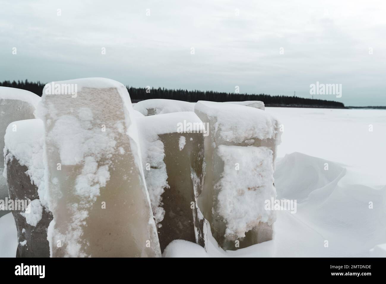 Pillars of ice for defrosting and eating stands covered with heaps of ...