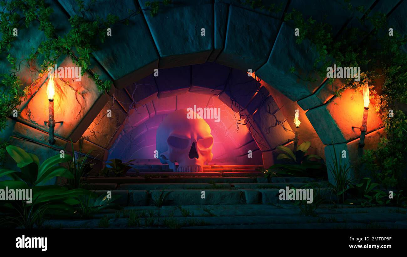 Mysterious gate to the shining cave with skull. Fantasy world. 3D ...